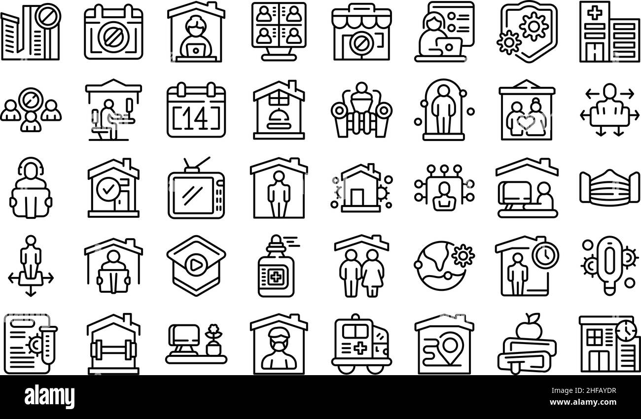 Self isolation icons set outline vector. Home house. Work safe Stock ...