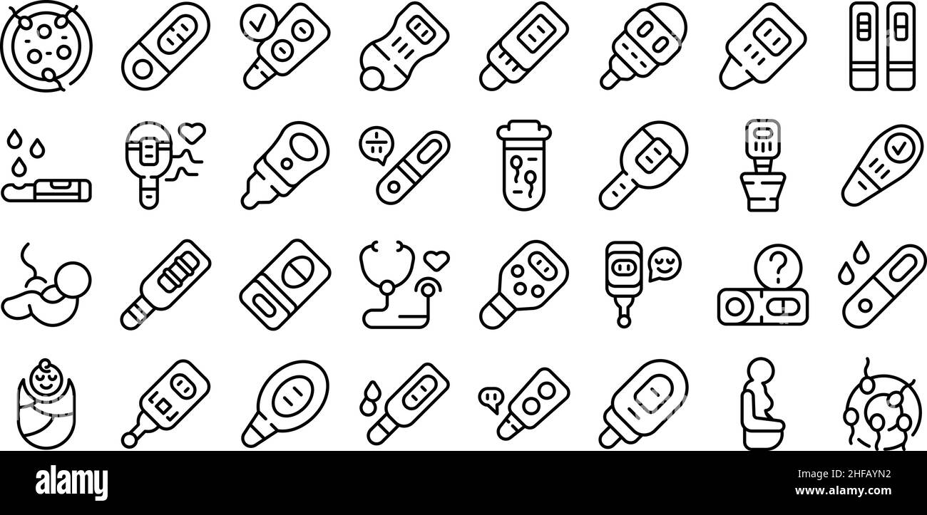 Pregnancy test icons set outline vector. Kit analysis. Baby birth Stock ...