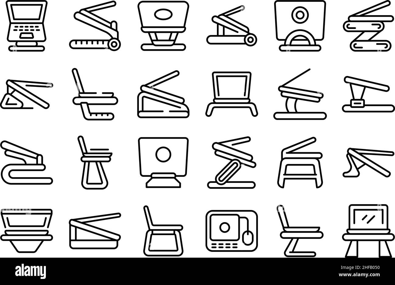 Laptop stand icons set outline vector. Compute work. Office people ...