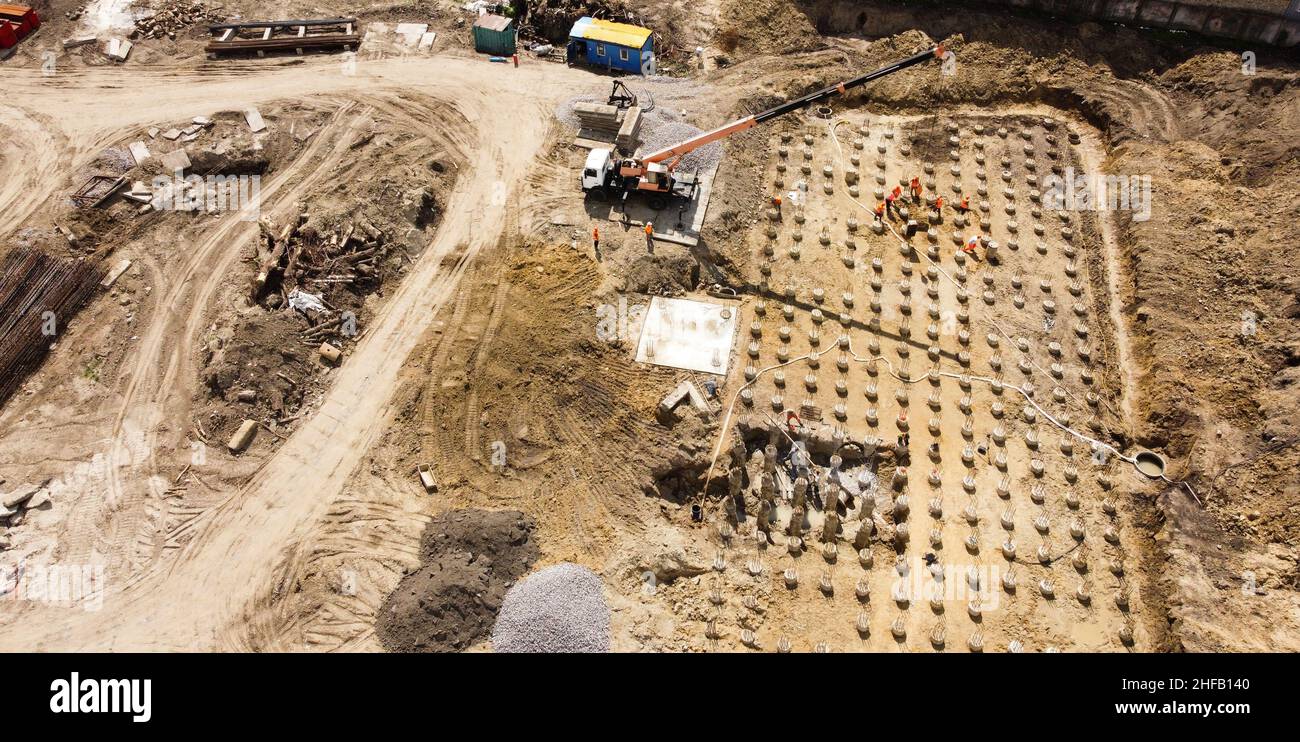 Housing development building site and road infrastructure aerial photo ...