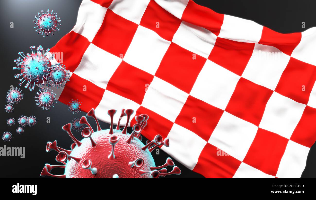 Glogow and covid pandemic - virus attacking a city flag of Glogow as a ...