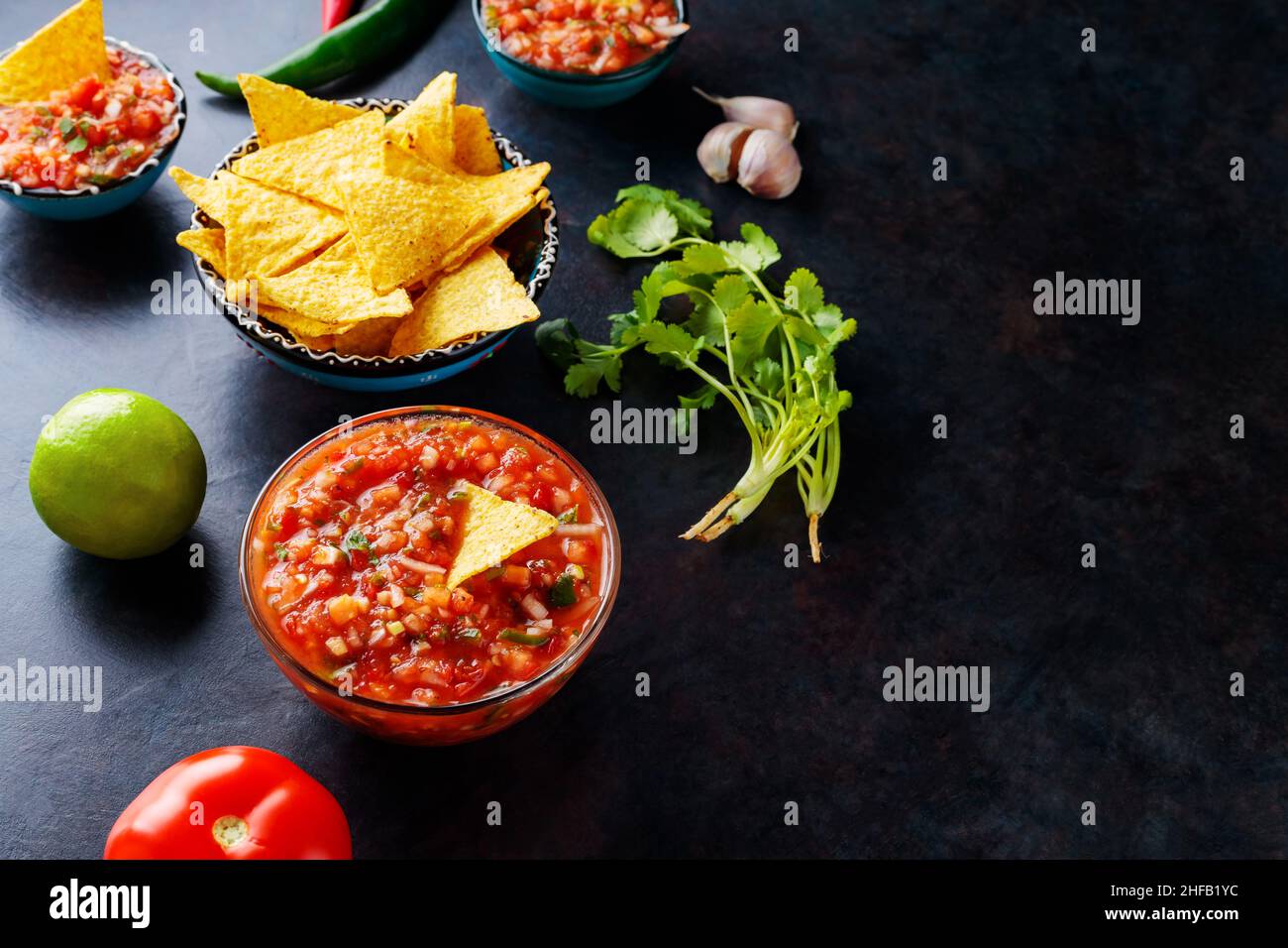 Salsa sauce and ingredients: tomato, onion, garlic, cilantro, lime ...