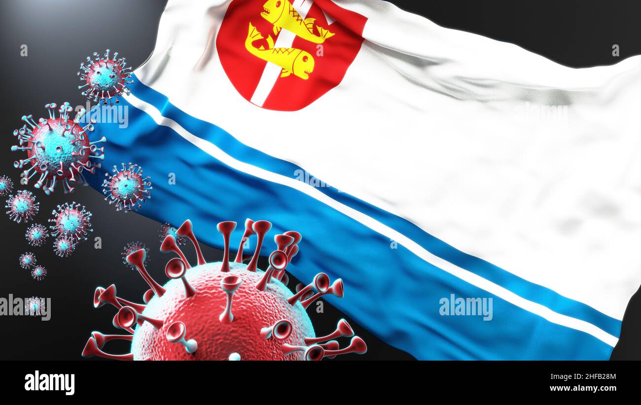 Gdynia and covid pandemic - virus attacking a city flag of Gdynia as a ...