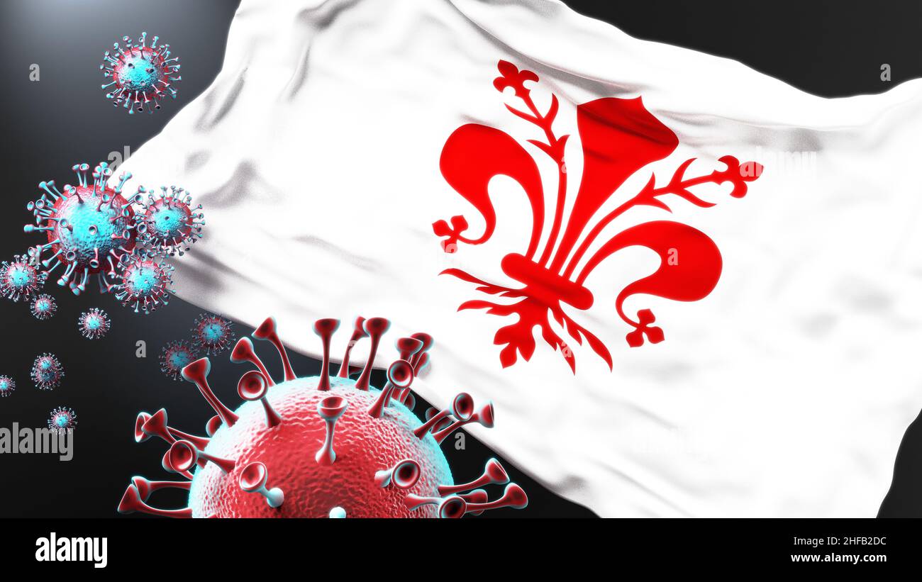 Florence and covid pandemic - virus attacking a city flag of Florence ...