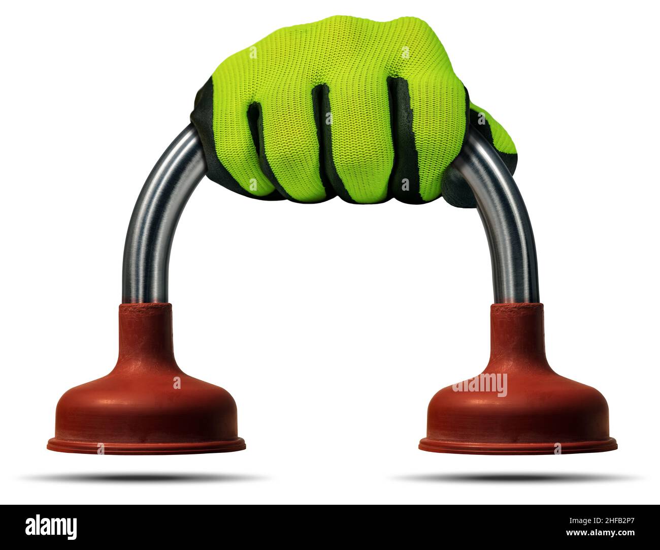 Hand with protective work glove, holding a red rubber plunger with a ...