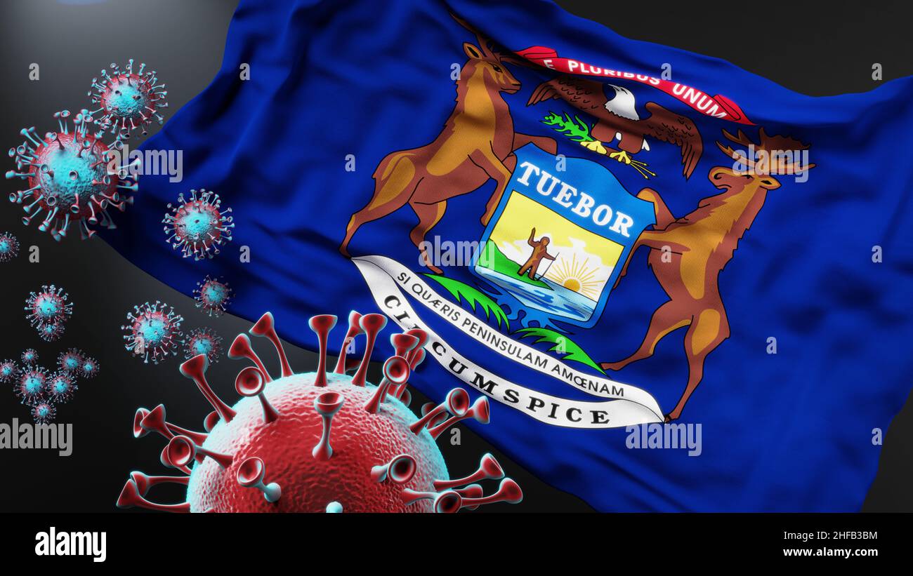 Michigan and covid pandemic - virus attacking a state flag of Michigan ...