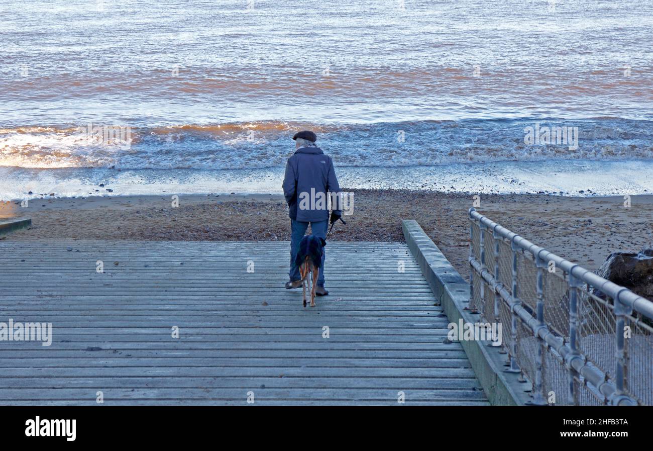 A view of an elderly man and his dog walking to the beach down the ...
