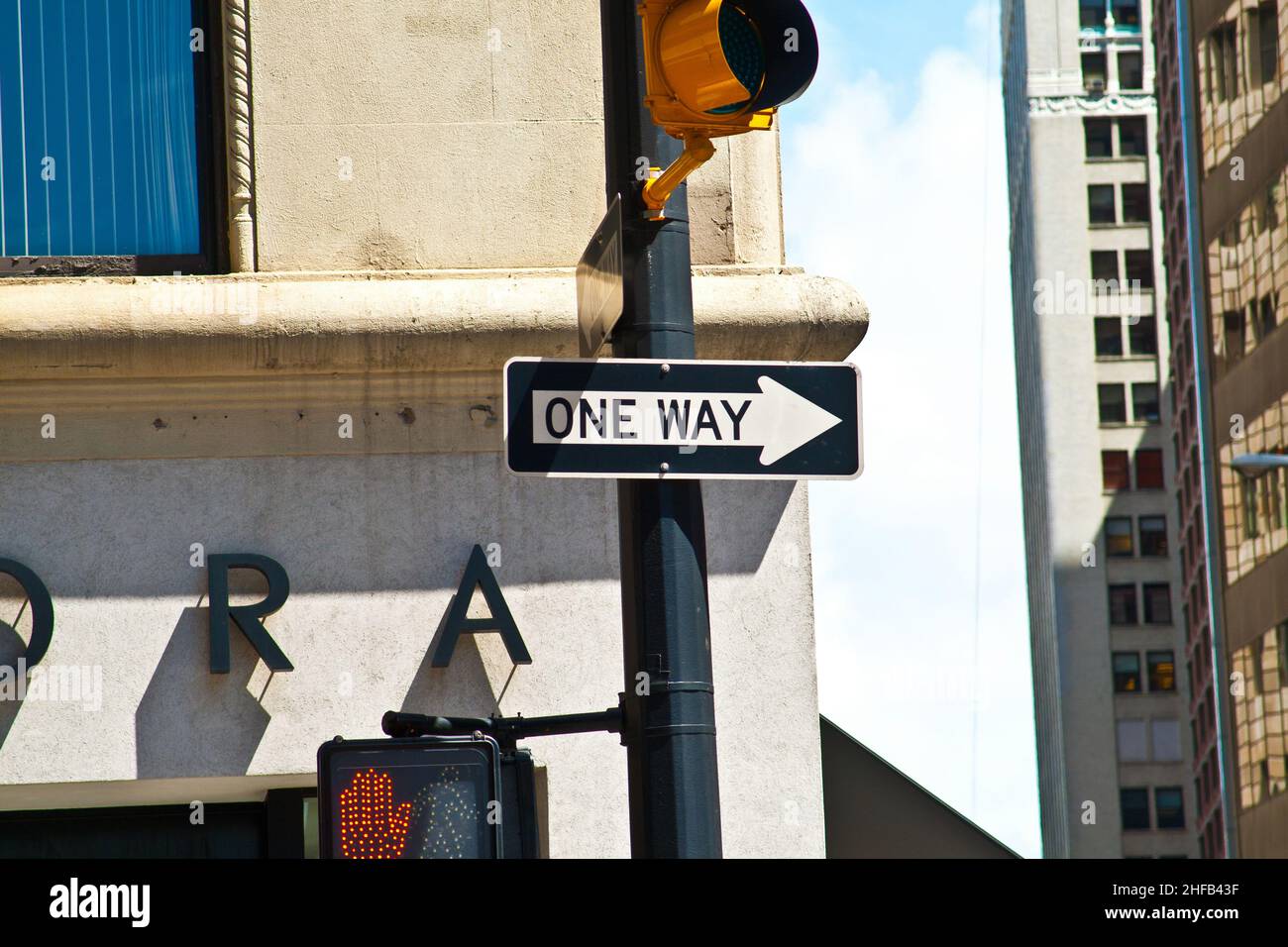 traffic sign one way in New York Stock Photo - Alamy