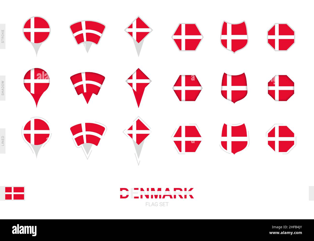 Collection of the Denmark flag in different shapes and with three ...