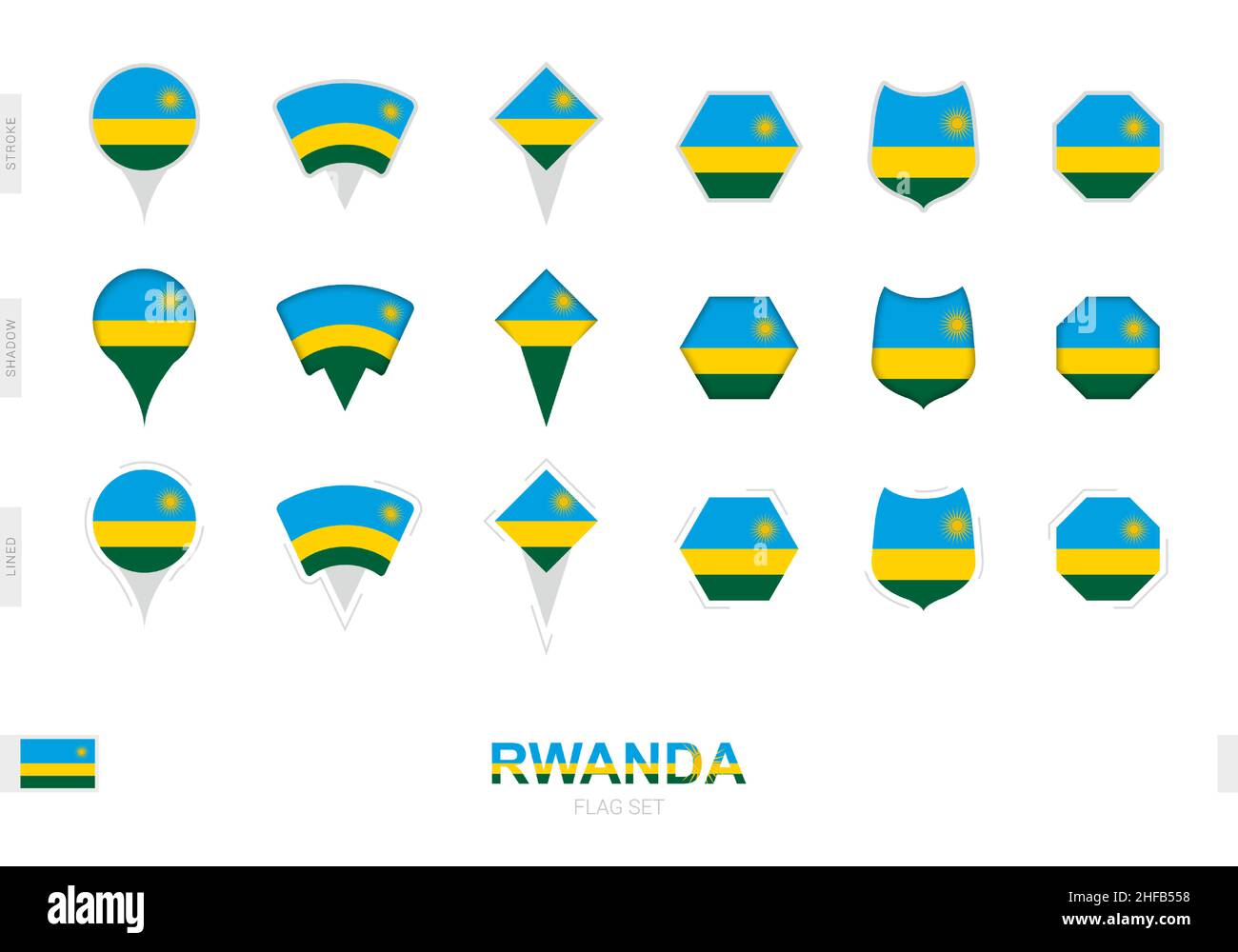 Collection of the Rwanda flag in different shapes and with three ...