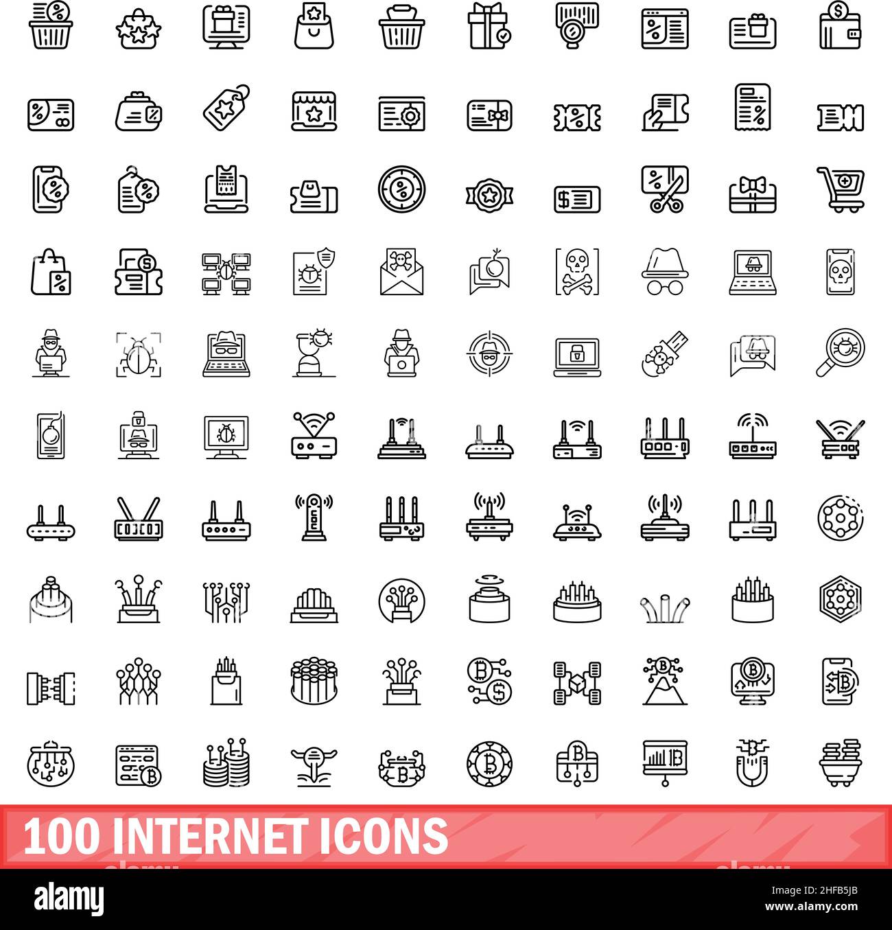100 internet icons set. Outline illustration of 100 internet icons ...