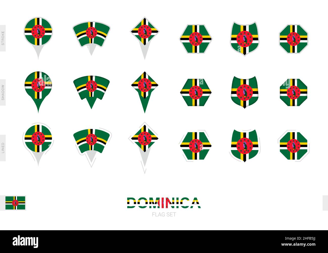 Collection of the Dominica flag in different shapes and with three ...
