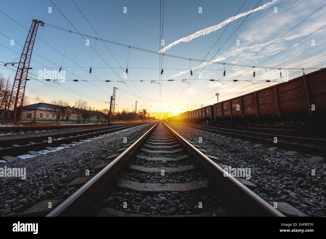 High-speed train moves by rail, delivery of goods by freight train ...