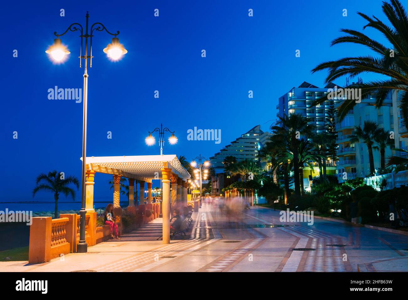 Night Scenery View Of Embankment, Seacoast, Beach In Benalmadena, Spain ...