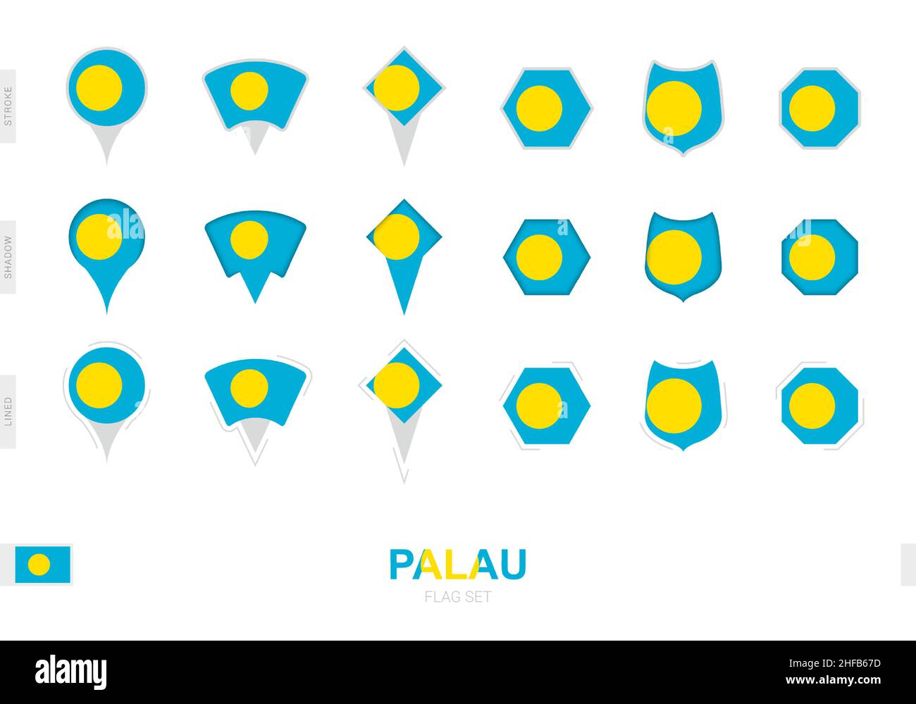 Collection of the Palau flag in different shapes and with three different effects. Vector flag ...
