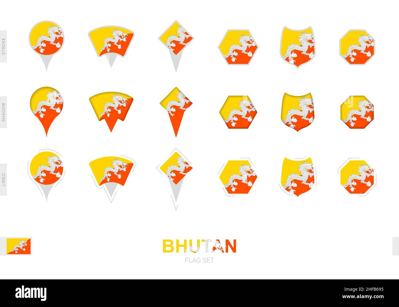 Collection of the Bhutan flag in different shapes and with three ...
