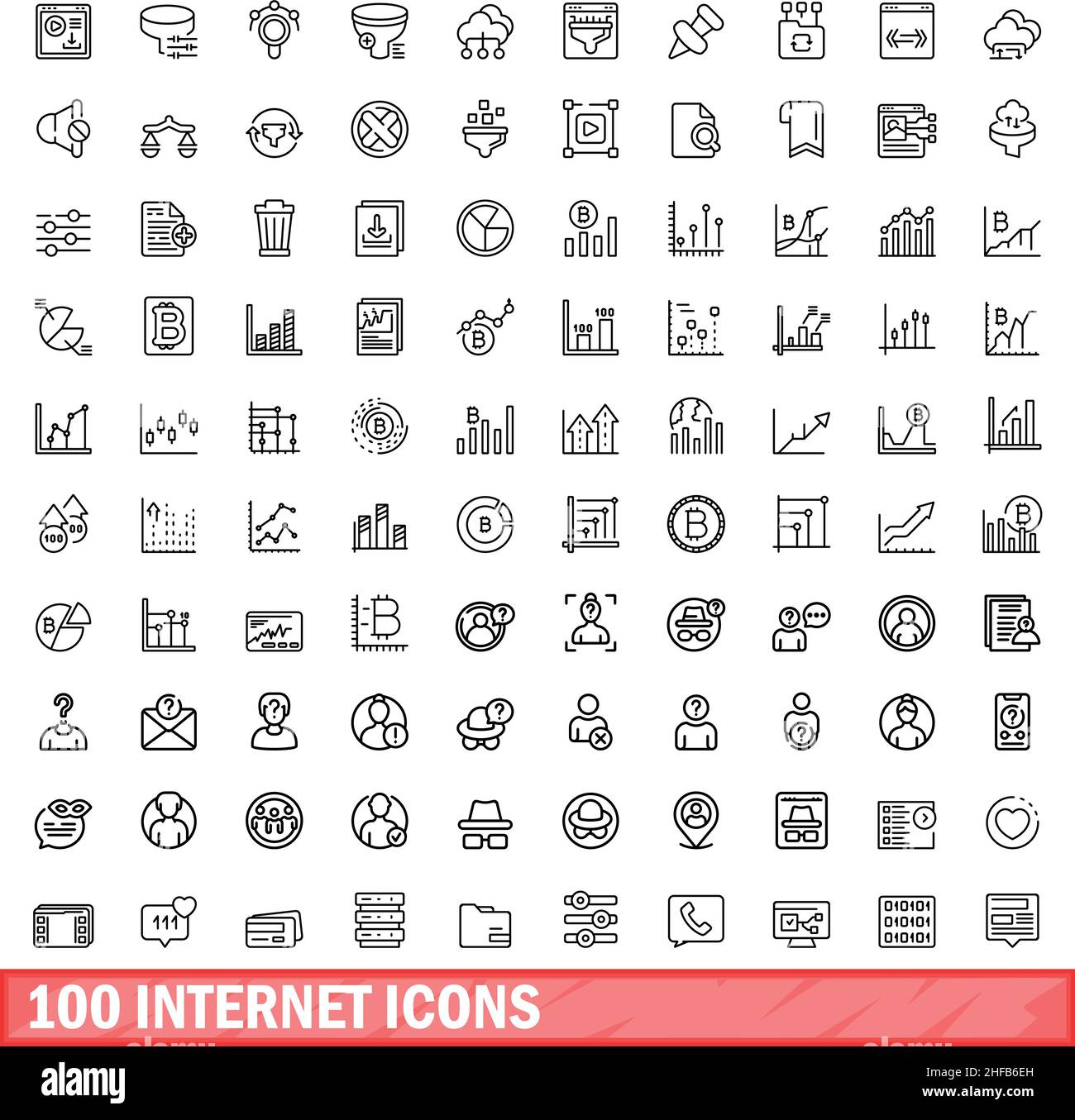 100 internet icons set. Outline illustration of 100 internet icons ...