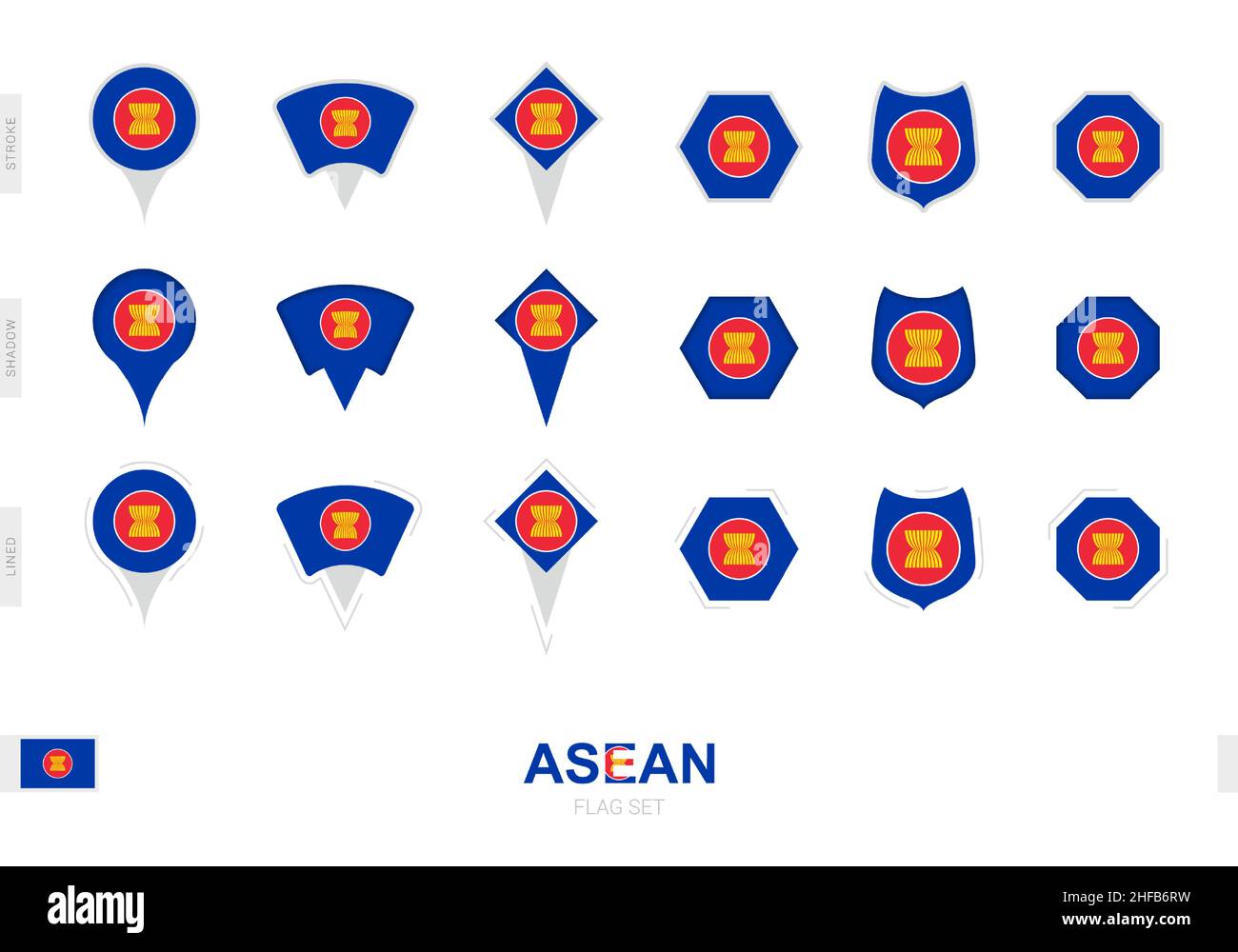 Collection of the ASEAN flag in different shapes and with three ...