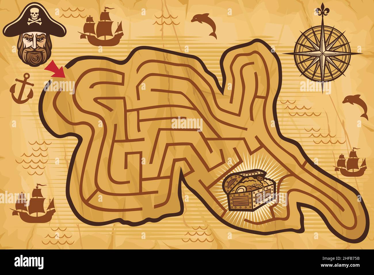 Pirate maze for kids with treasure map (labyrinth for children, game ...