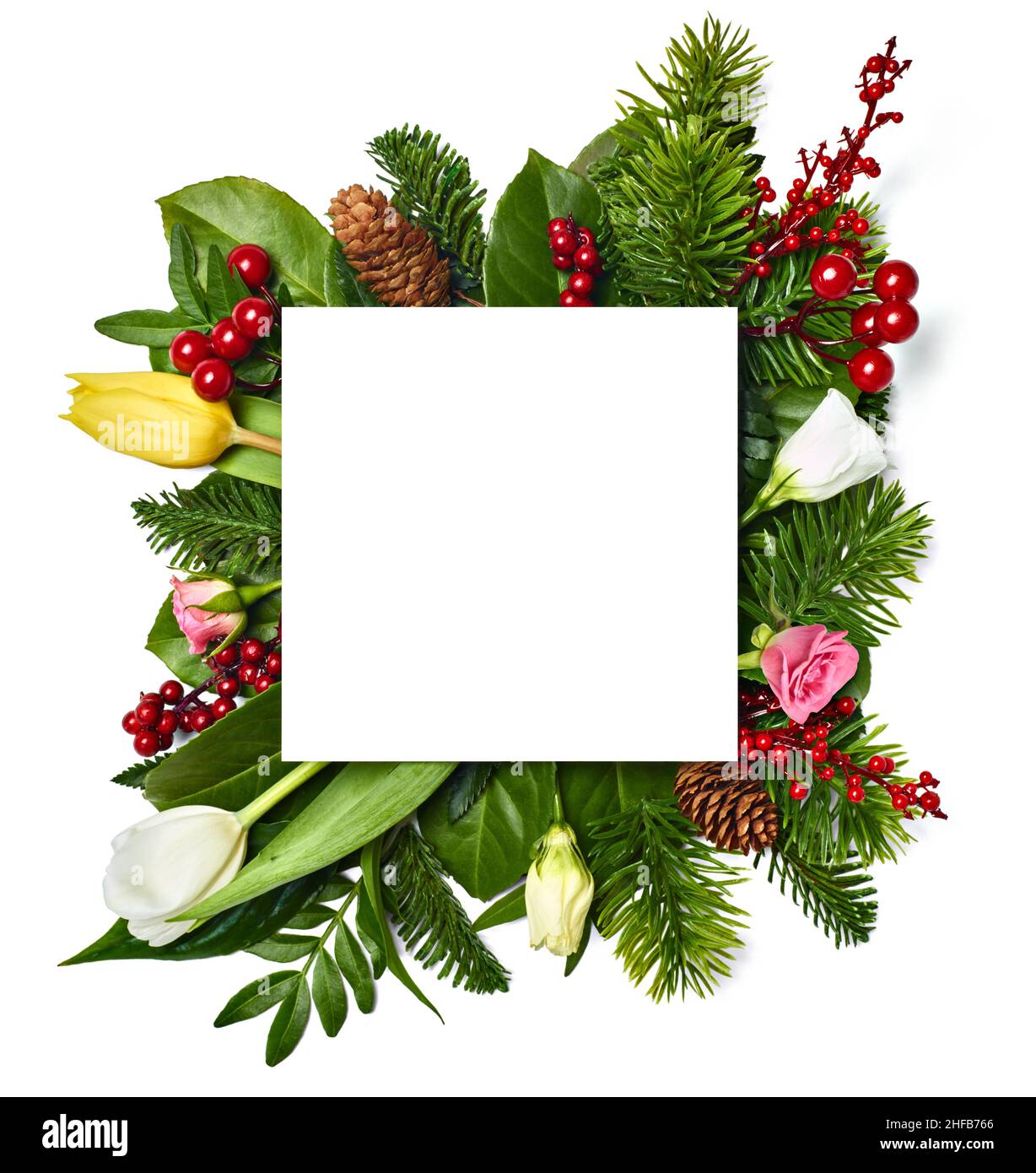 leaf flower greeting card note paper frame background flat lay floral ...