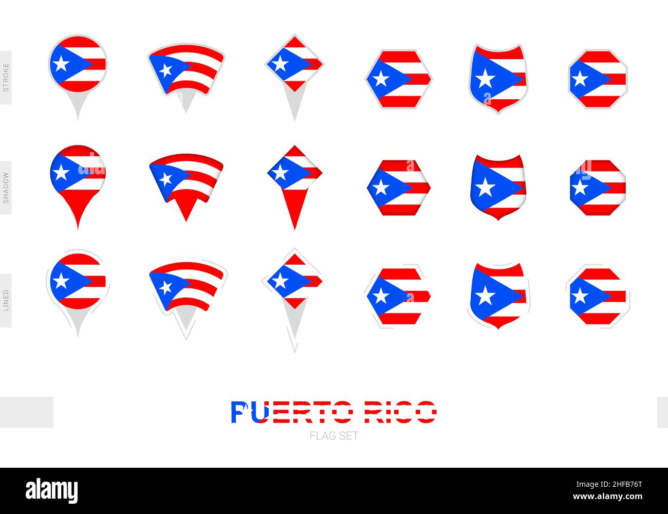 Collection of the Puerto Rico flag in different shapes and with three different effects. Vector ...