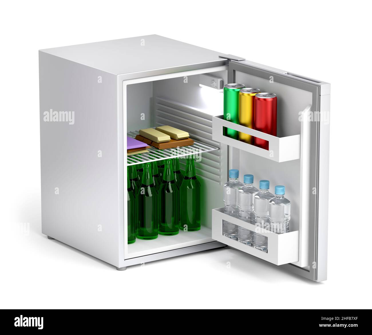 Silver minibar refrigerator full with drinks and snacks Stock Photo - Alamy