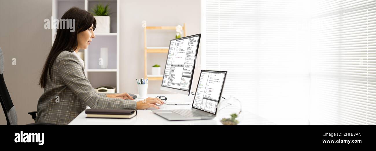 Programmer Woman Coding On Computer. Coder Girl Stock Photo - Alamy