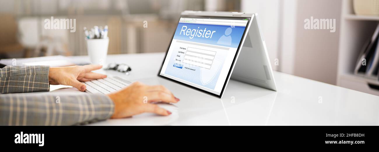 Online Web Registration Form On Website Using Laptop Stock Photo - Alamy