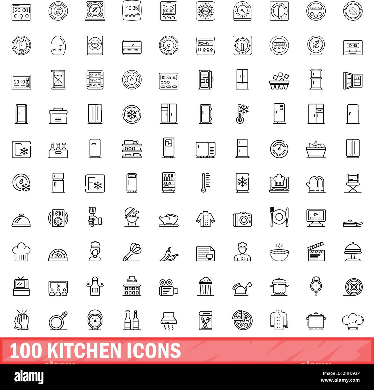 100 kitchen icons set. Outline illustration of 100 kitchen icons vector ...