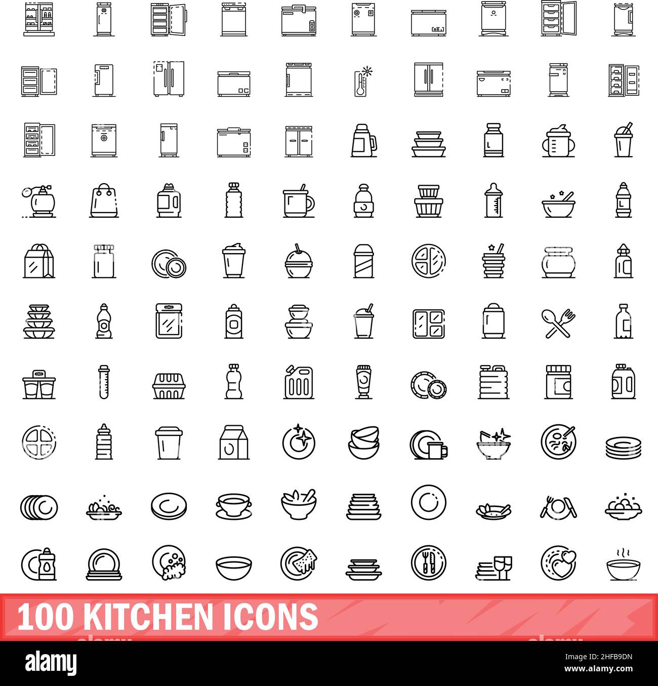 100 kitchen icons set. Outline illustration of 100 kitchen icons vector ...