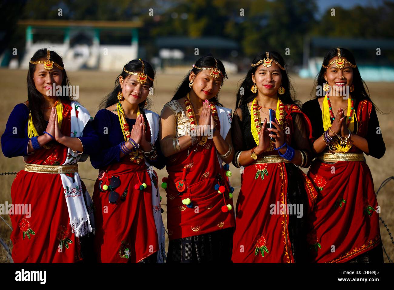 Kathmandu, Nepal. 15th Jan, 2022. Women from the Magar community dressed in traditional attire ...