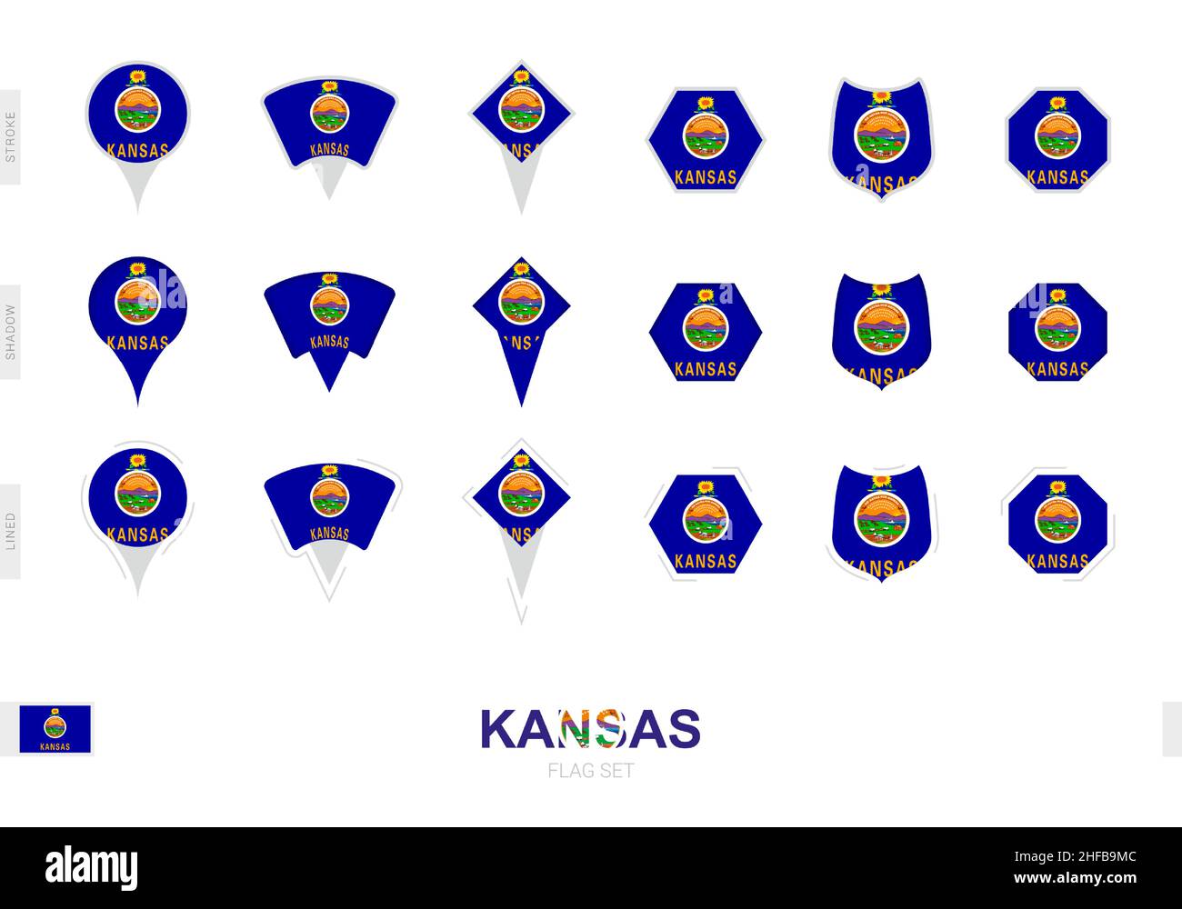 Collection of the Kansas flag in different shapes and with three ...