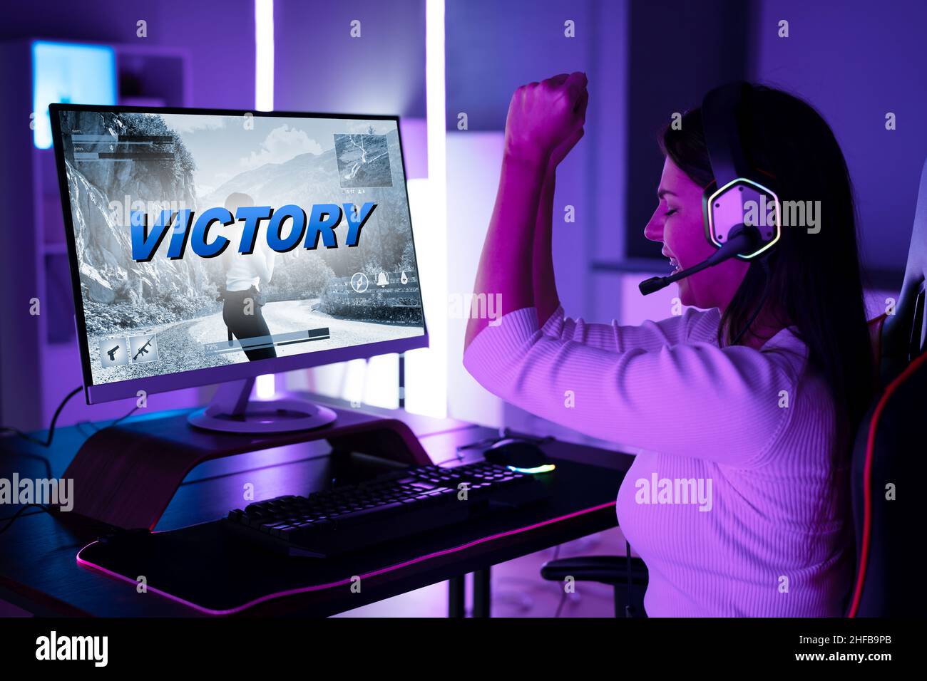 Young Excited Gamer Girl Won Video Game. Online Tournament Victory ...