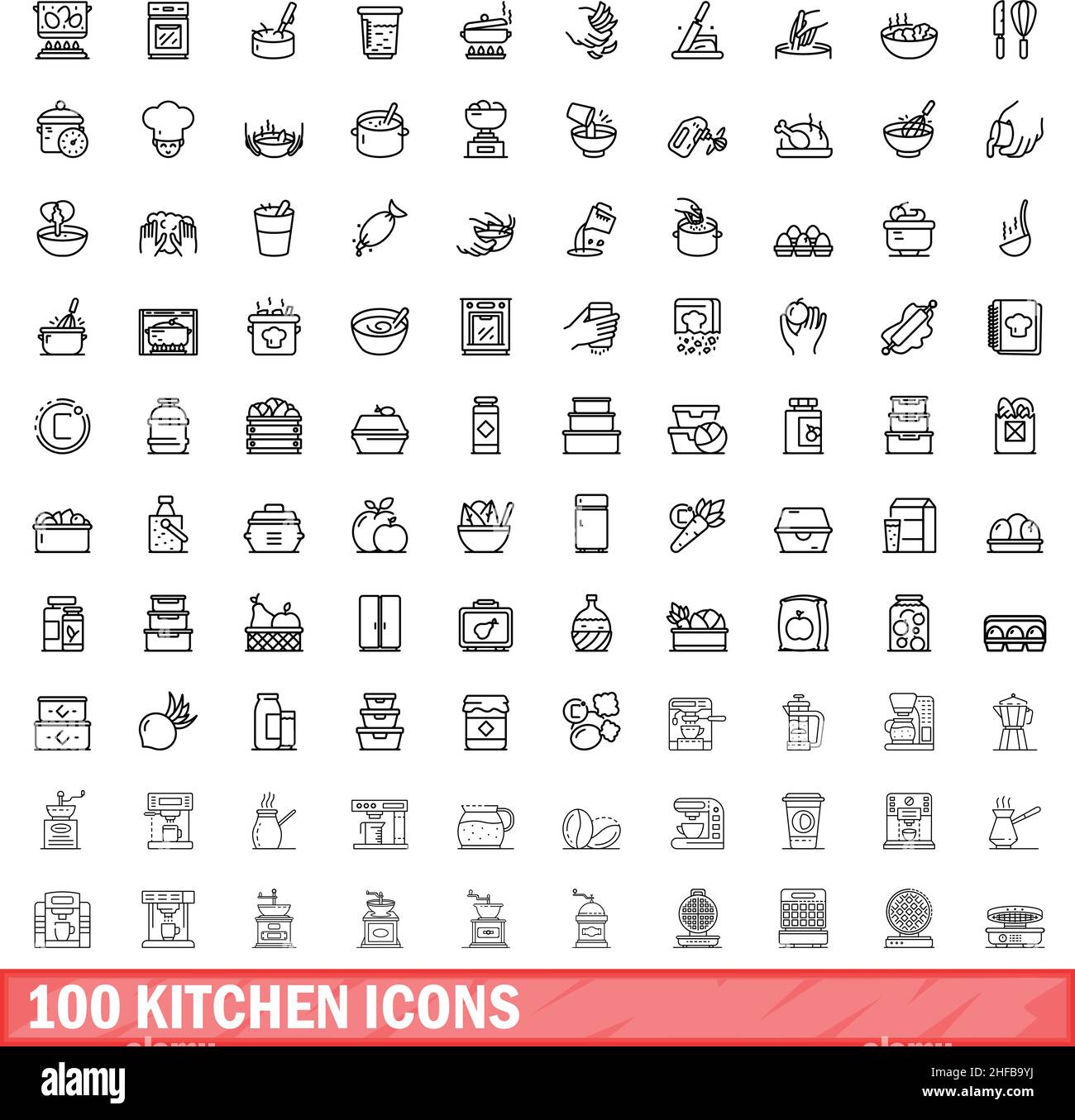100 kitchen icons set. Outline illustration of 100 kitchen icons vector ...