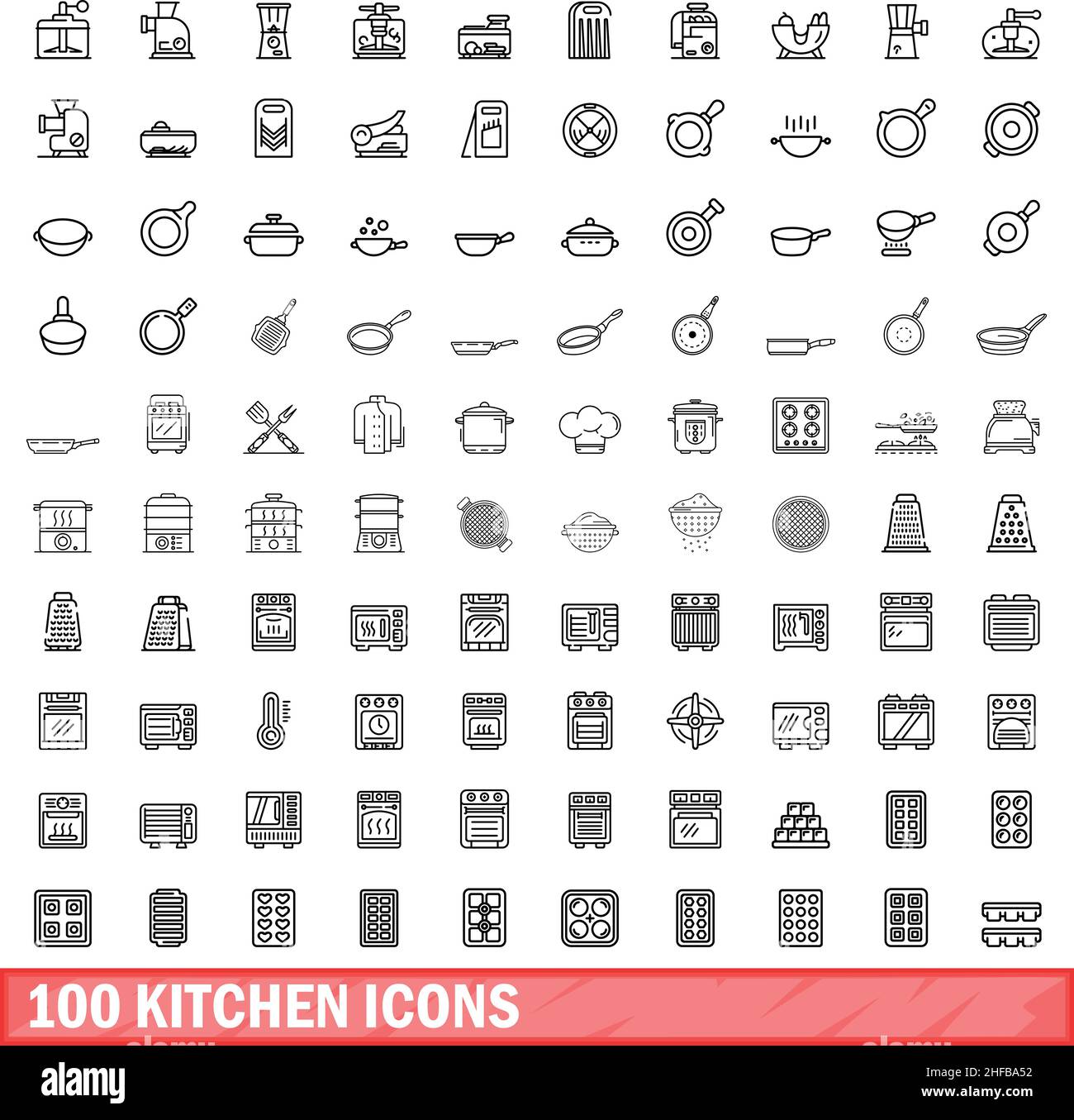 100 kitchen icons set. Outline illustration of 100 kitchen icons vector ...