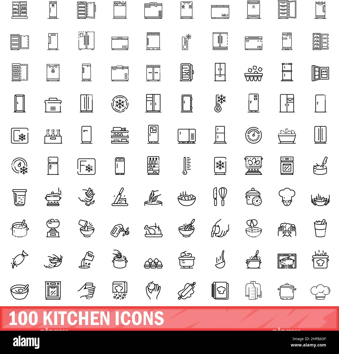 100 kitchen icons set. Outline illustration of 100 kitchen icons vector ...