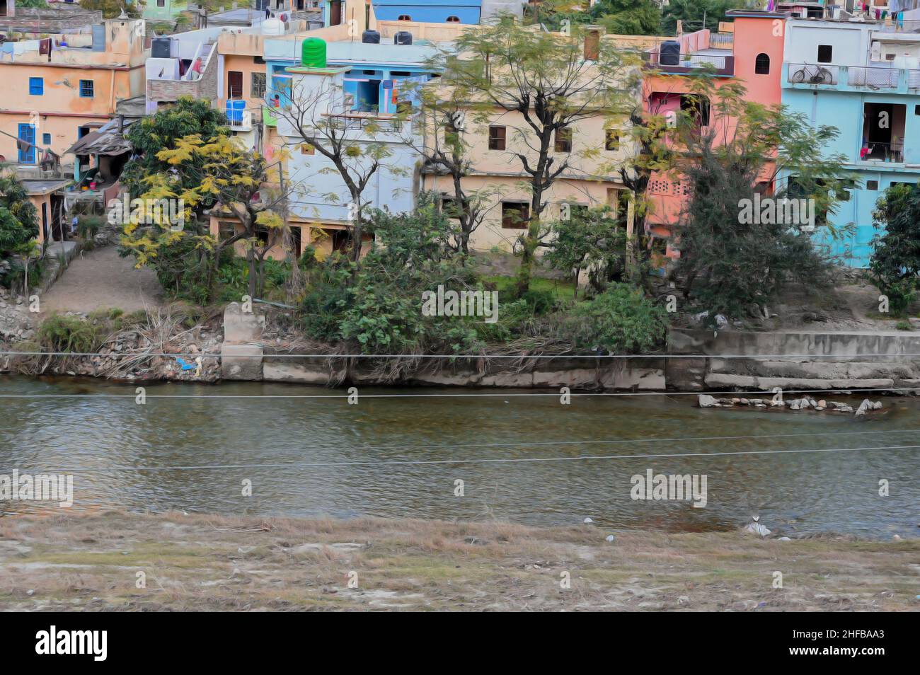 beautiful landscape with river and building Stock Photo - Alamy