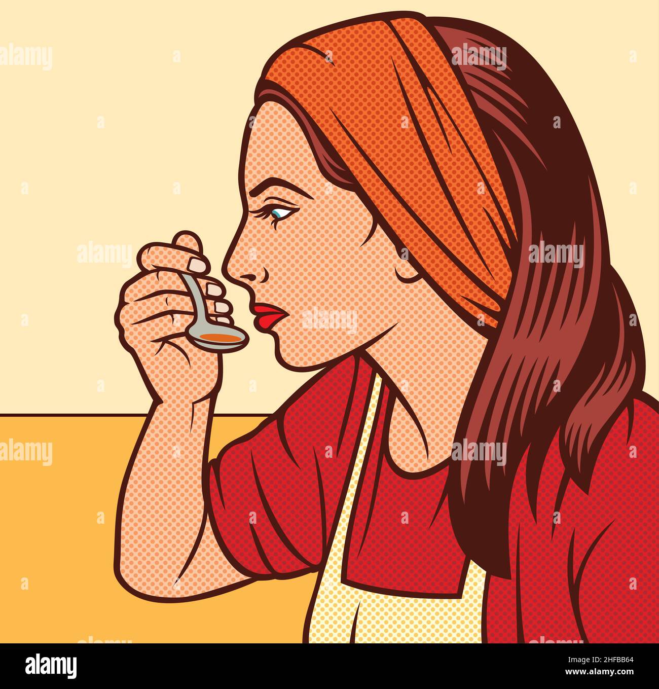 Woman in the kitchen pop art illustration (girl taste a soup with a ...