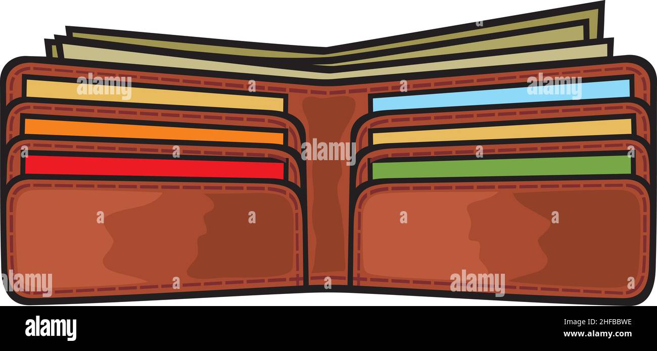 Vector illustration of open leather wallet with dollars and credit ...