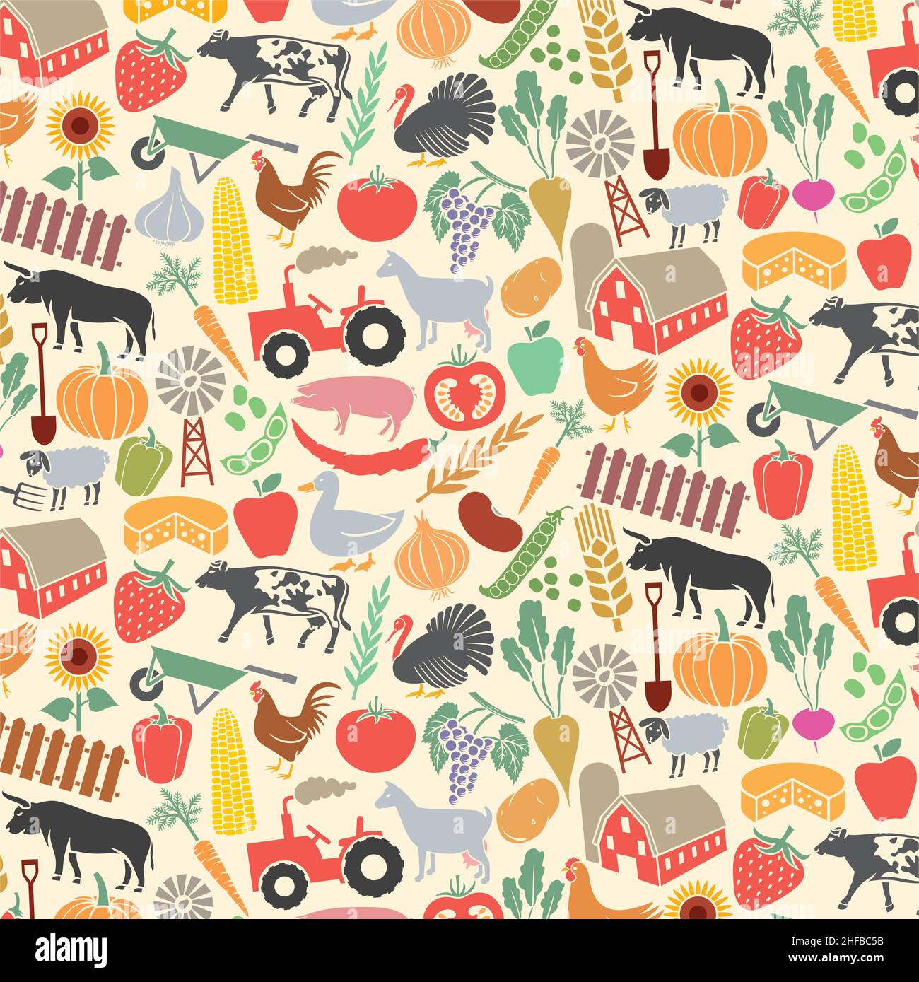 Background pattern with agricultural icons (farm, windmill, tractor ...