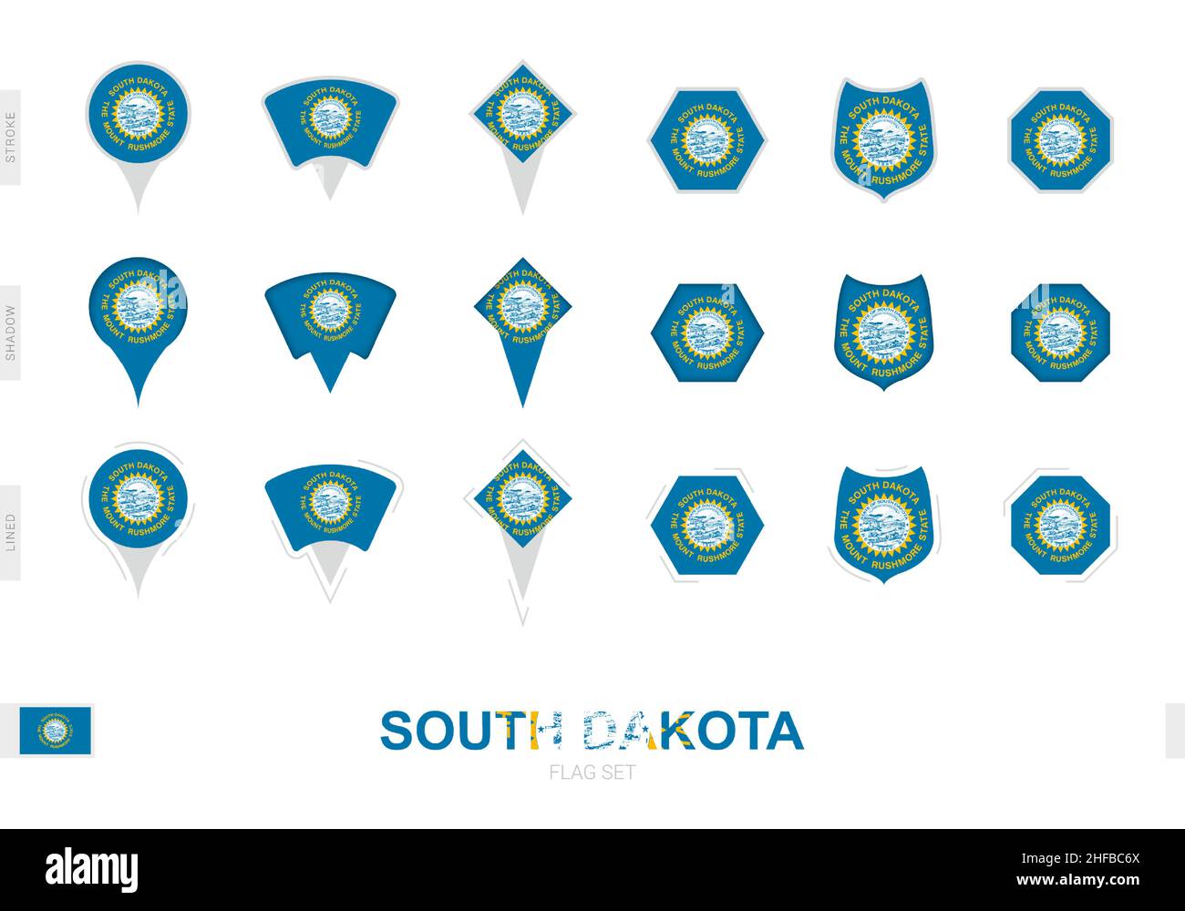 Collection of the South Dakota flag in different shapes and with three ...
