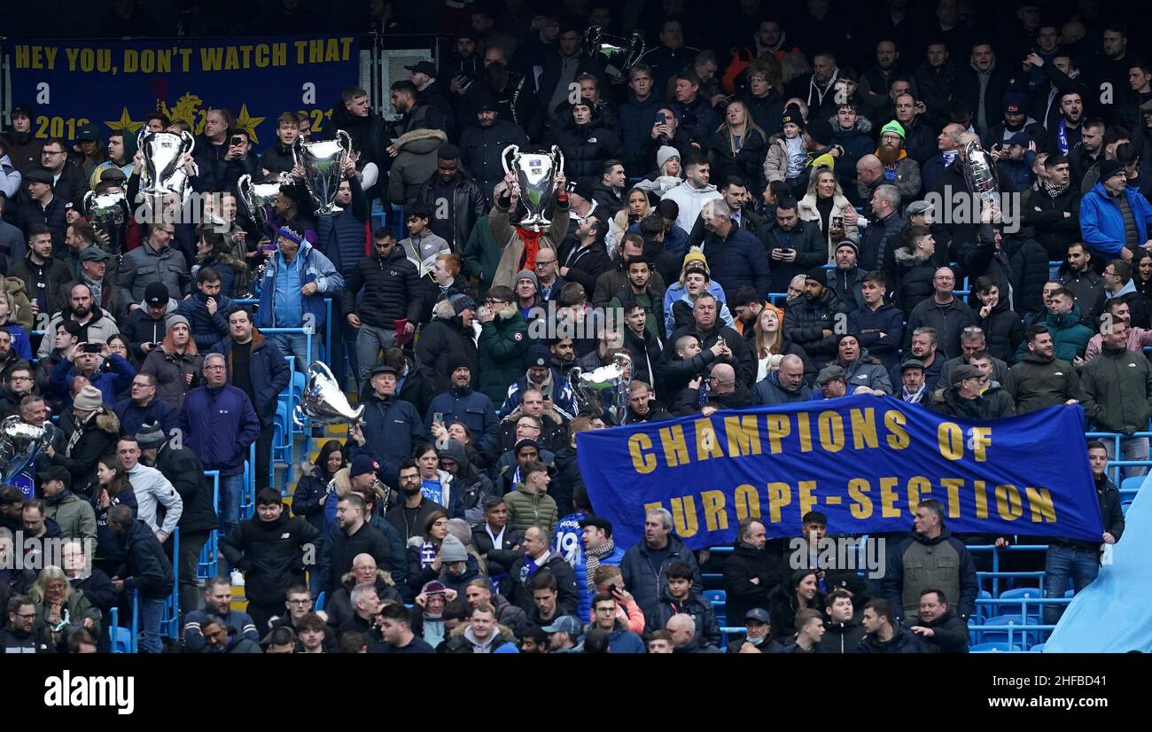 Chelsea fans hold up inflatable European Cup trophies in the safe ... Chelsea fans hold up inflatable European Cup trophies in the safe ...