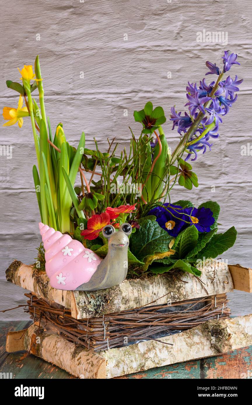 Pretty arrangement of different spring flowers with decoration on a ...
