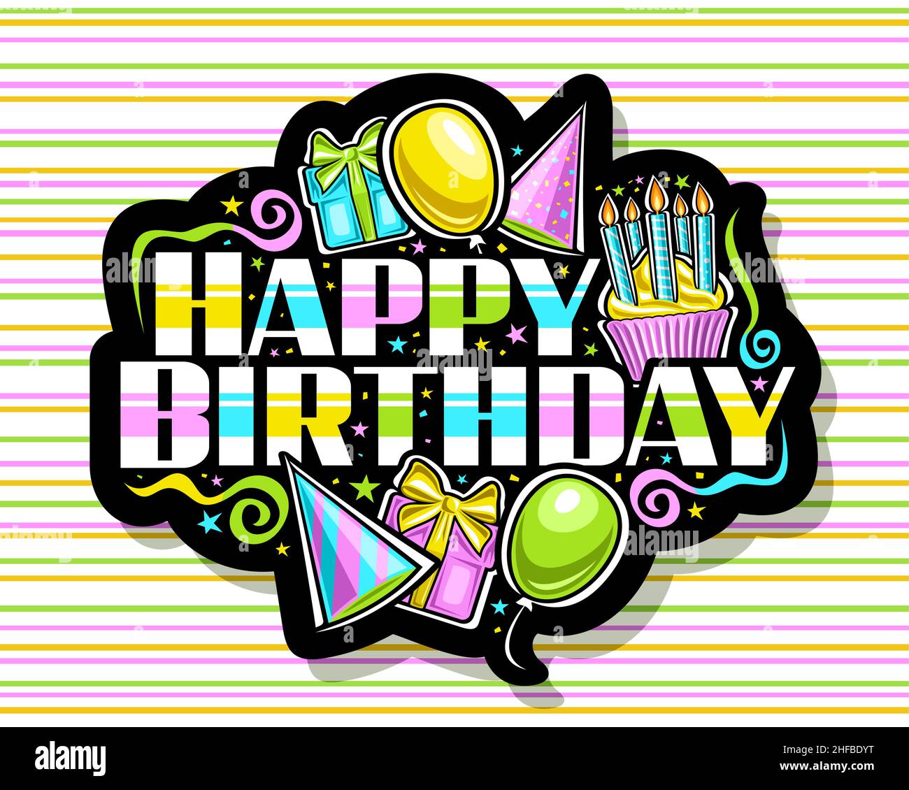 Vector logo for Happy Birthday, dark decorative badge with illustration ...