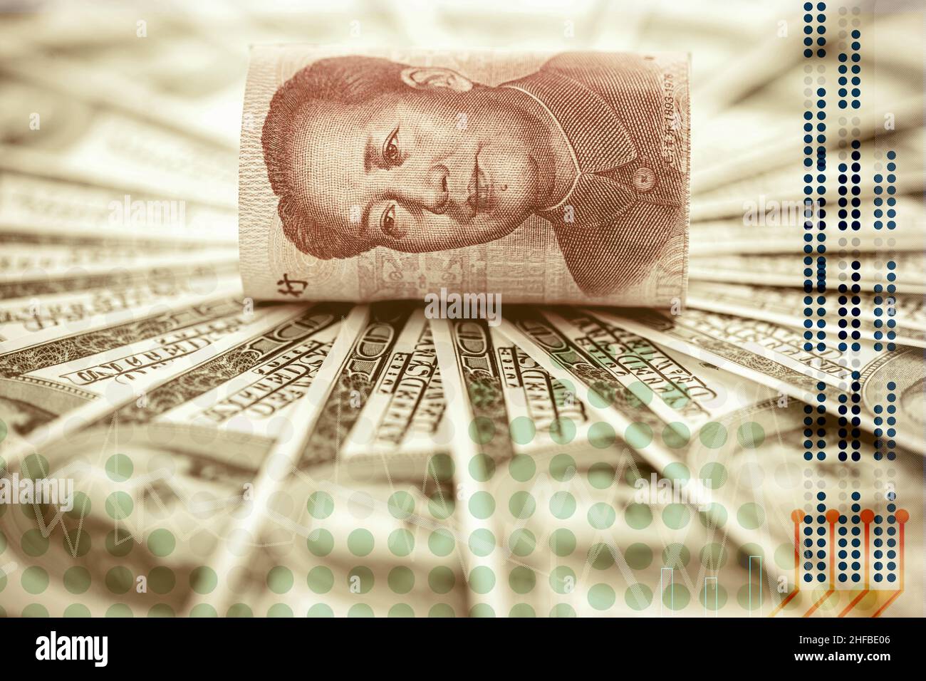 dollar banknotes with a yuan note (Renminbi), stock exchange image with ...