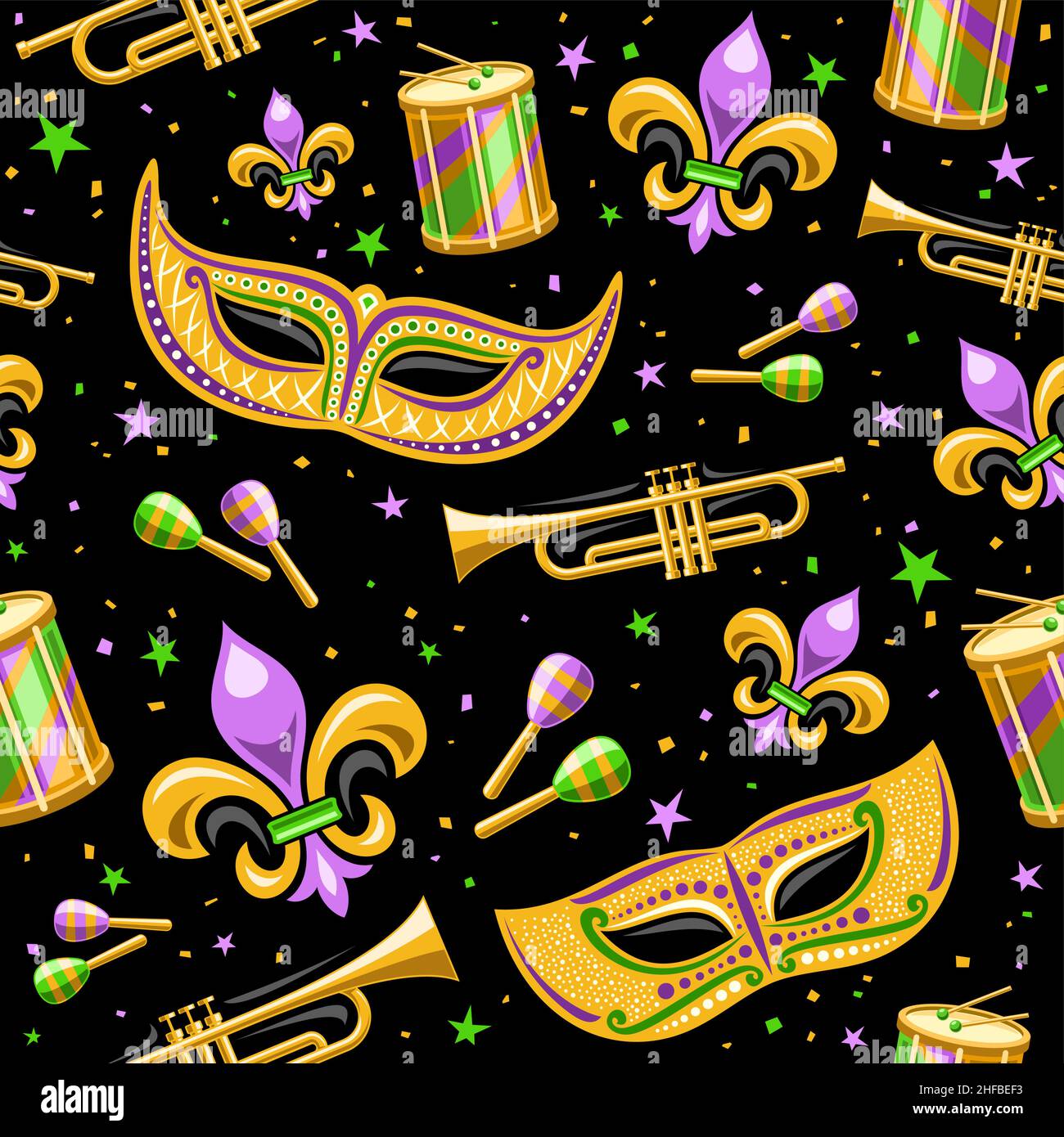 Vector Mardi Gras Seamless Pattern, square repeating background with ...