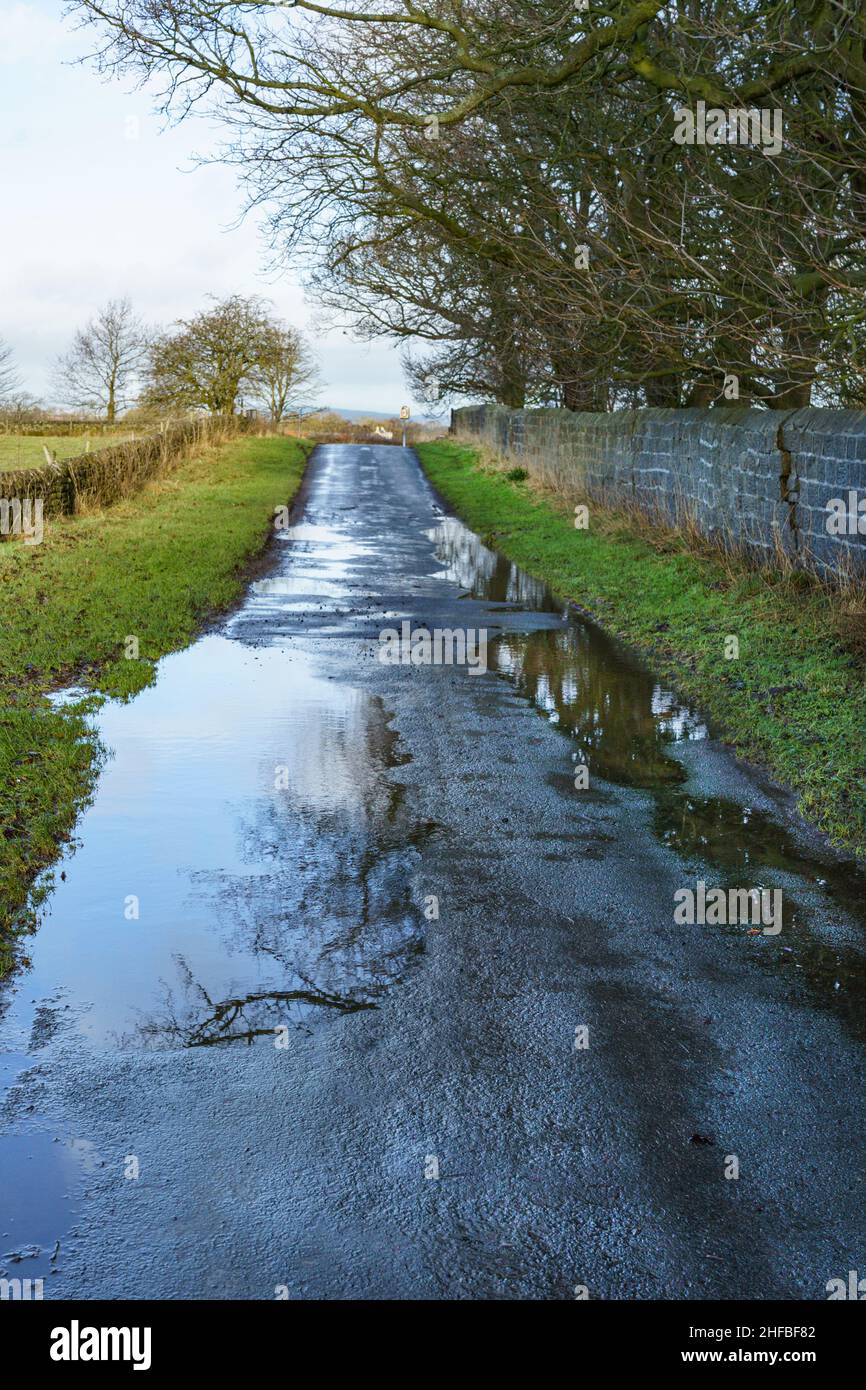 Still water puddles by the side of a country road bordered by a stone ...