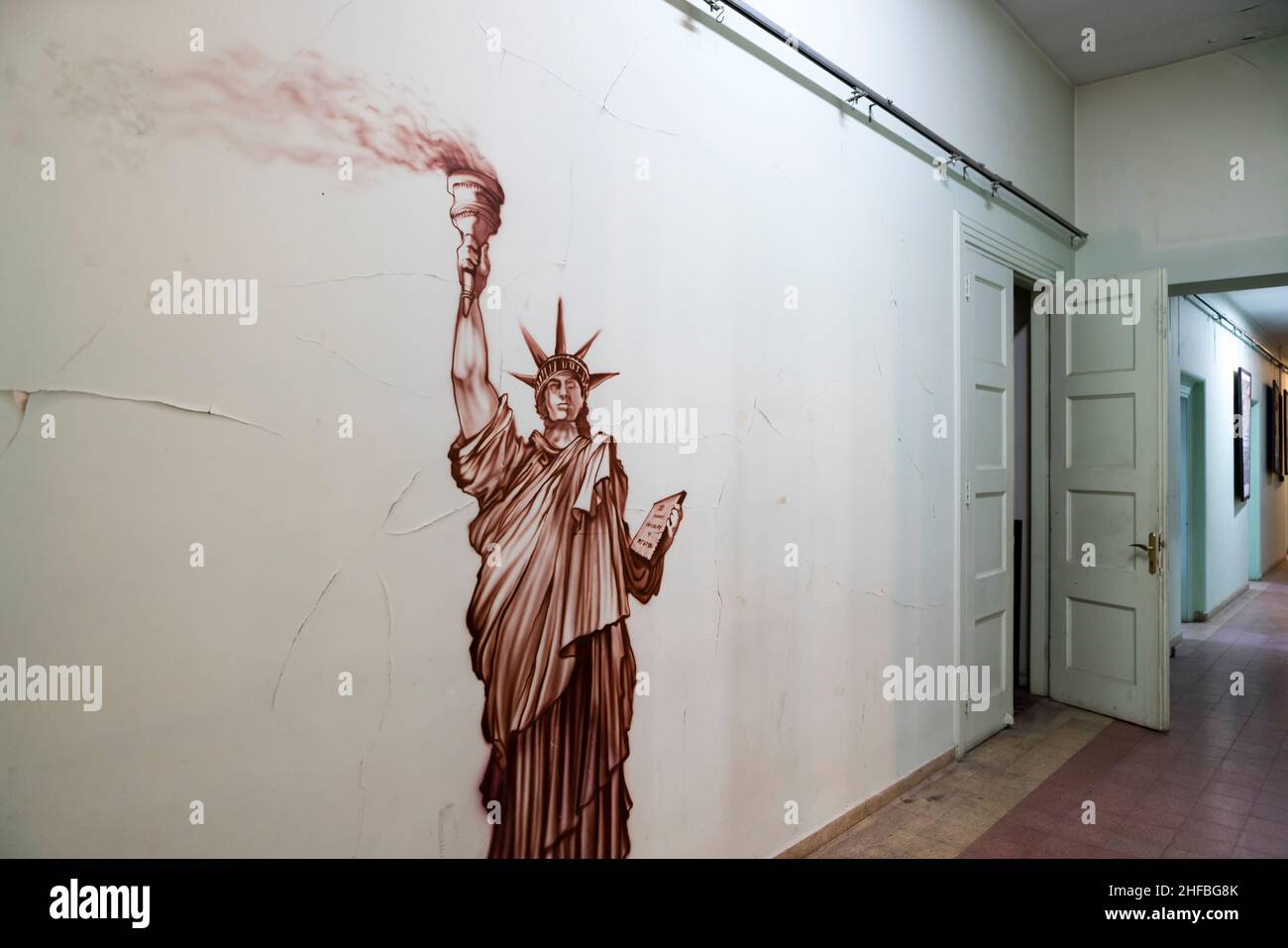 Corridor with mural inside the former US Embassy in Tehran, Iran, now ...