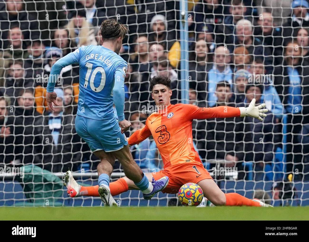 Chelsea goalkeeper Kepa Arrizabalaga makes a save from Manchester City ...