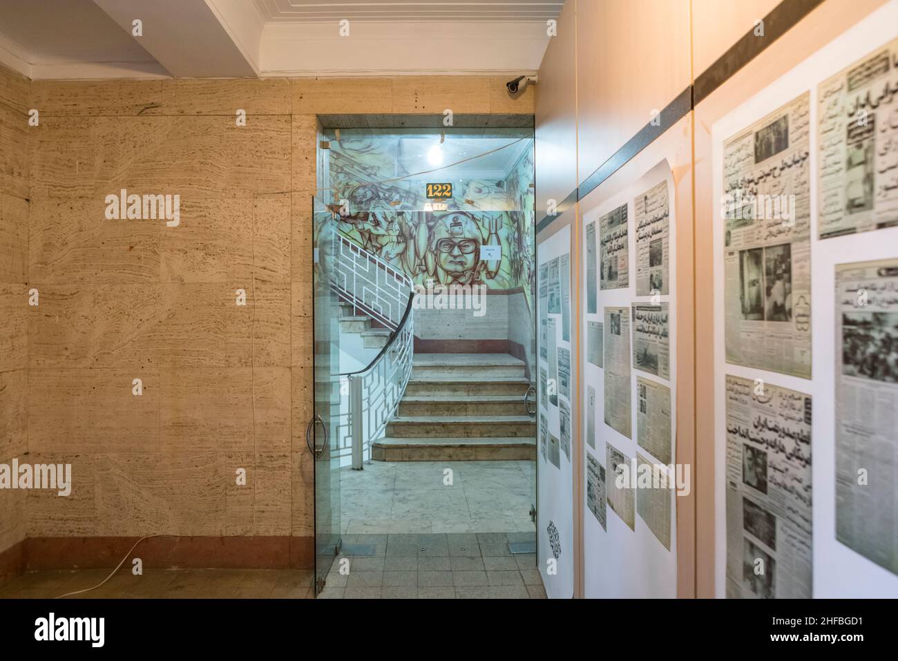 Newspaper cuttings on wall near the entrance inside the formar US ...
